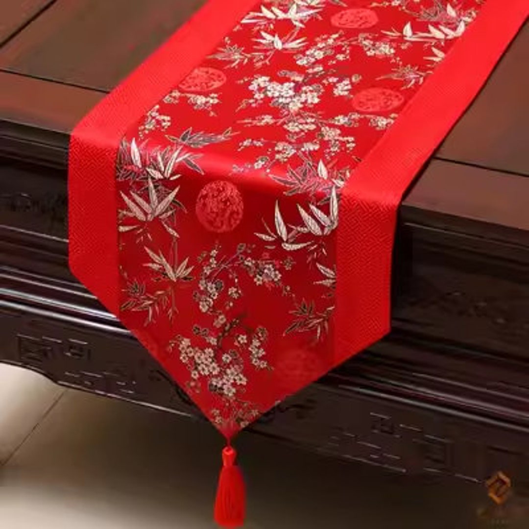 New Red Chinese Silk Brocade Table Runner Bamboo & Cherry Blossoms Home ...