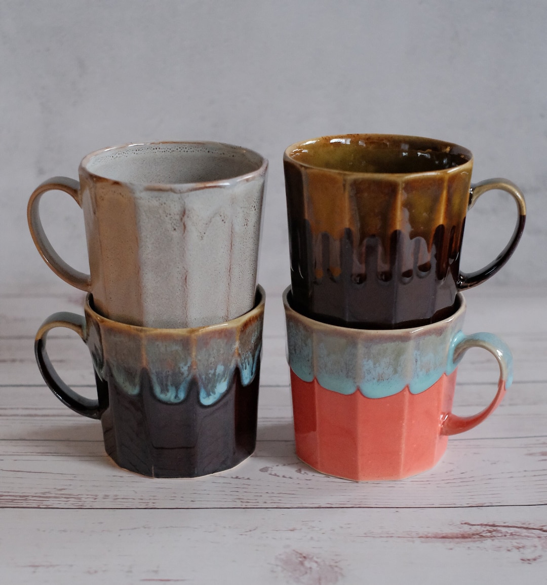 Set of 4 Handmade Drip Glaze Origami Mugs Wabi Sabi Rustic Ombre ...