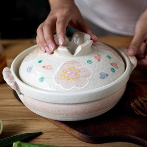 Japanese Sakura Pink Cream Floral Bankoyaki Donabe Clay Pot Handmade ...
