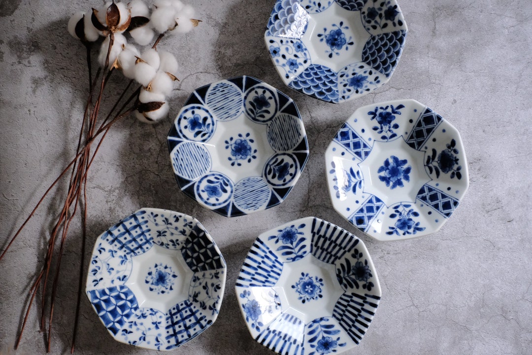 Set of 5 Japanese Minoyaki Porcelain Indigo Octagon Plates Traditional ...