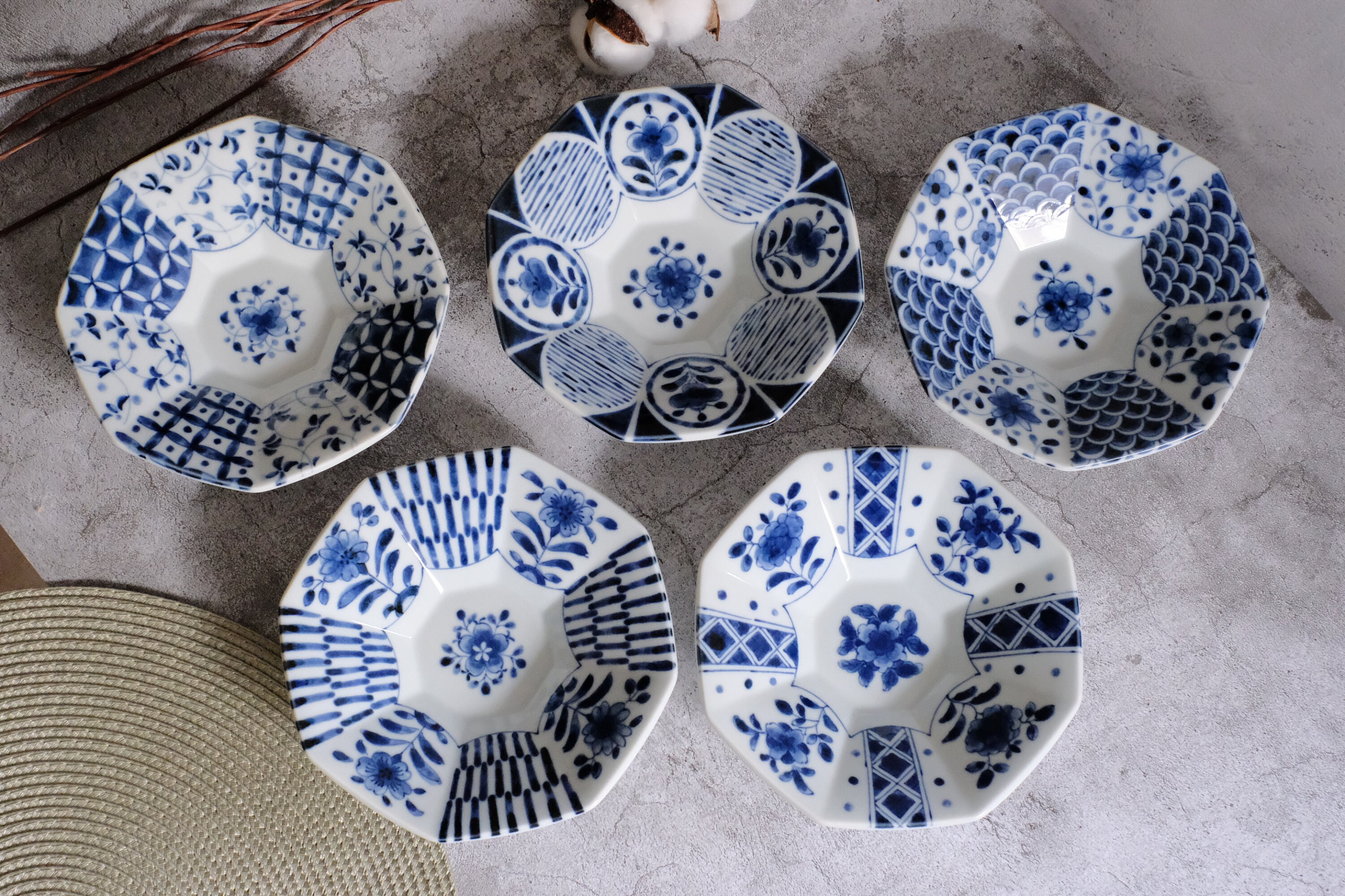 Set of 5 Japanese Minoyaki Porcelain Indigo Octagon Plates - Etsy