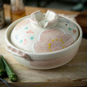 Japanese Sakura Pink Cream Floral Bankoyaki Donabe Clay Pot Handmade ...