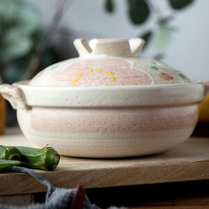 Japanese Sakura Pink Cream Floral Bankoyaki Donabe Clay Pot Handmade ...