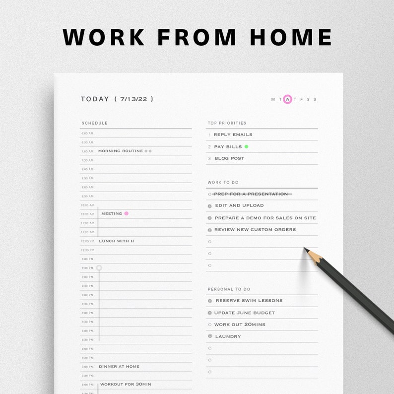 Work From Home Planner Printable, Fillable Daily Productivity Planner ...