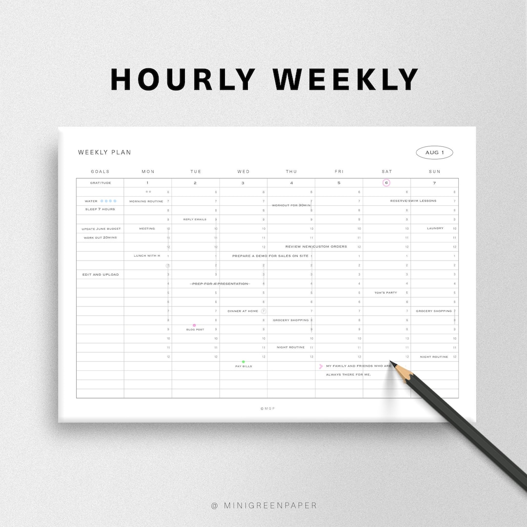 Weekly Hourly Schedule, Weekly Agenda Wall Planner, Minimal Weekly ...