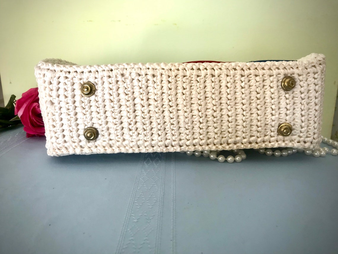 Vintage White Red & Blue Straw Top Handle Handbag - Etsy