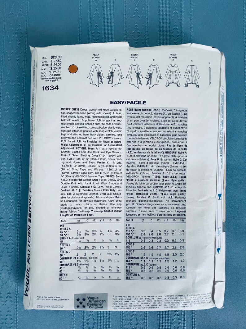 Vintage UNCUT 1990s Dress Pattern, Vogue Sewing Pattern 1634, American ...