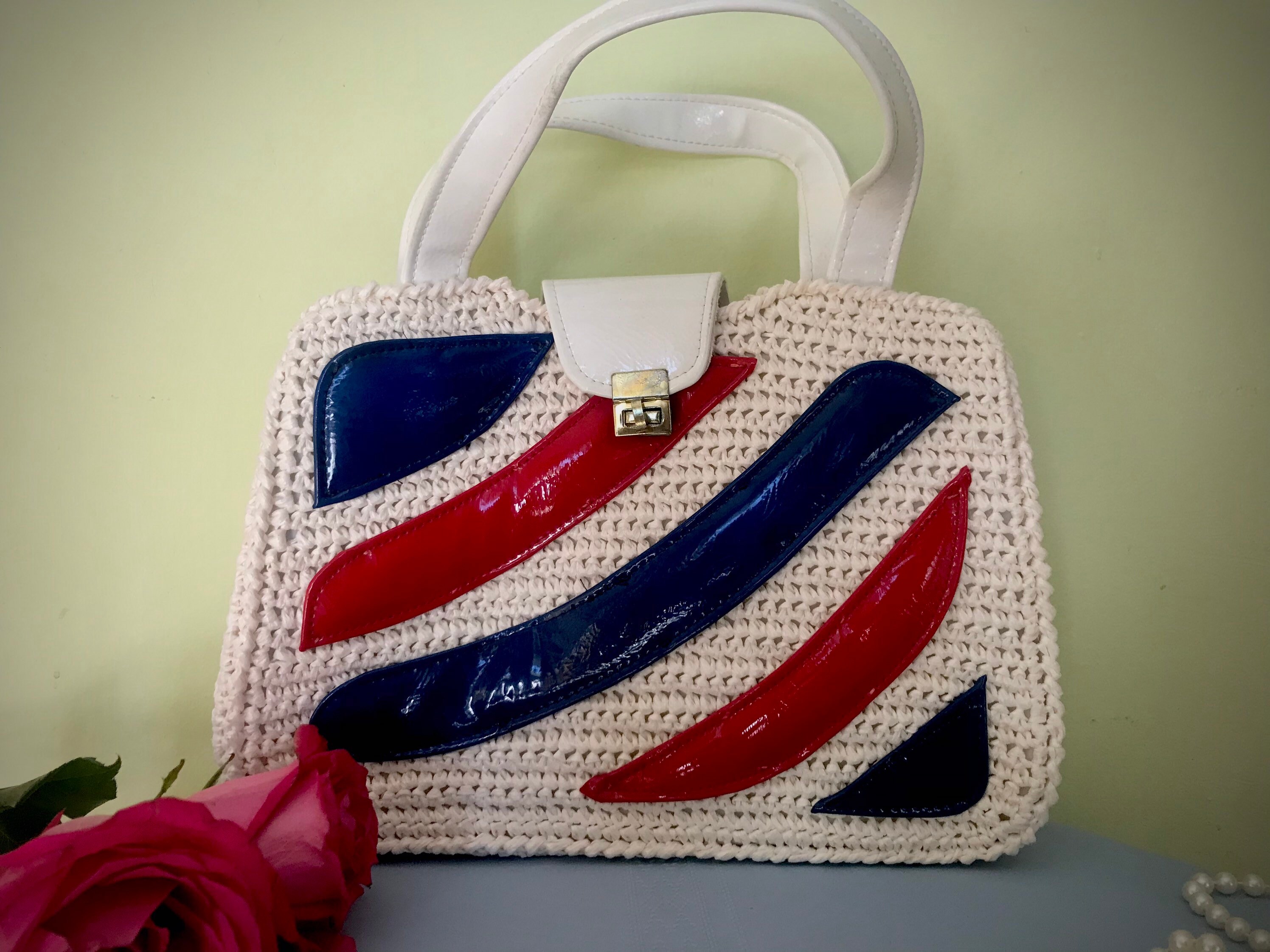 Vintage White, Red & Blue Straw Top Handle Handbag - Etsy