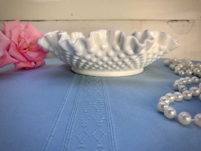 Vintage Fenton Milk Glass Hobnail Dish, Ruffled Edge Milk Glass Dish - Etsy