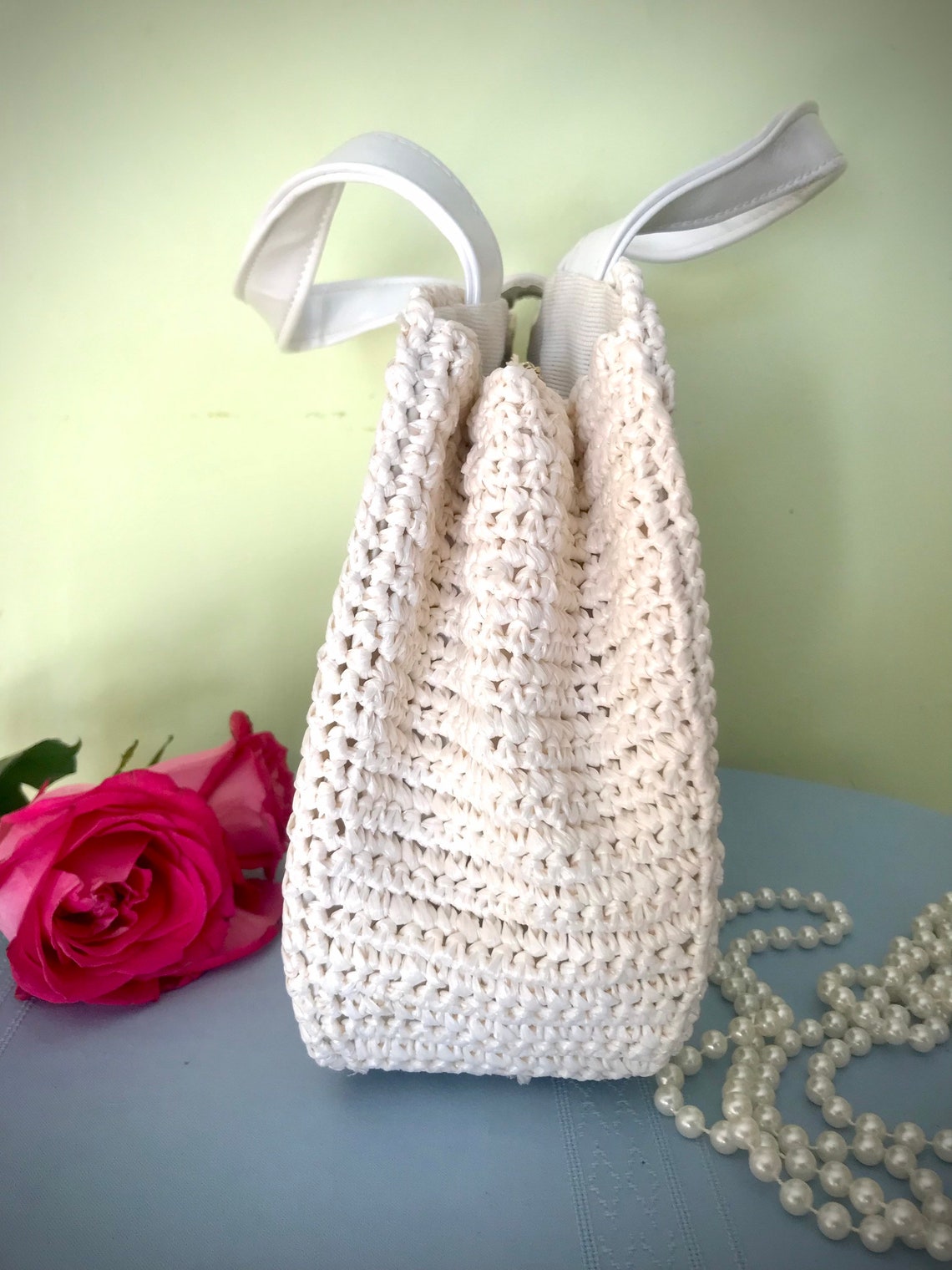 Vintage White Red & Blue Straw Top Handle Handbag - Etsy