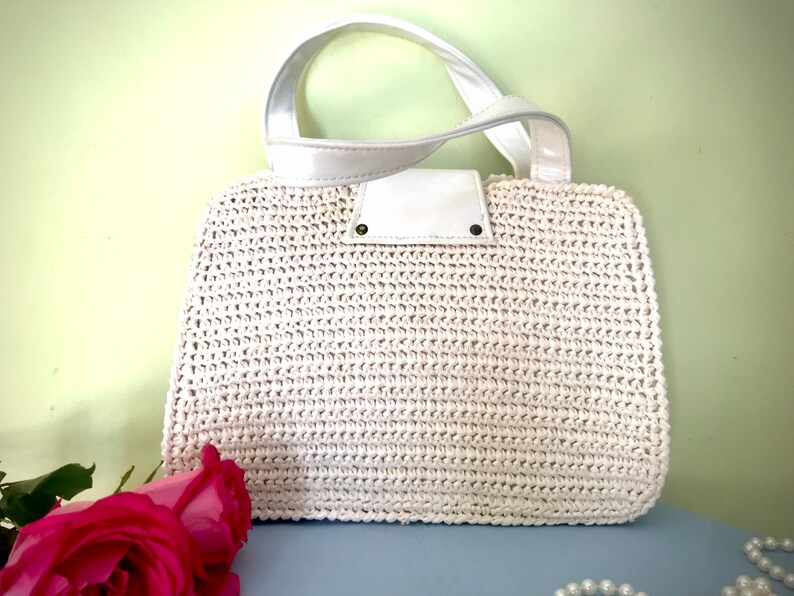 Vintage White Red & Blue Straw Top Handle Handbag - Etsy