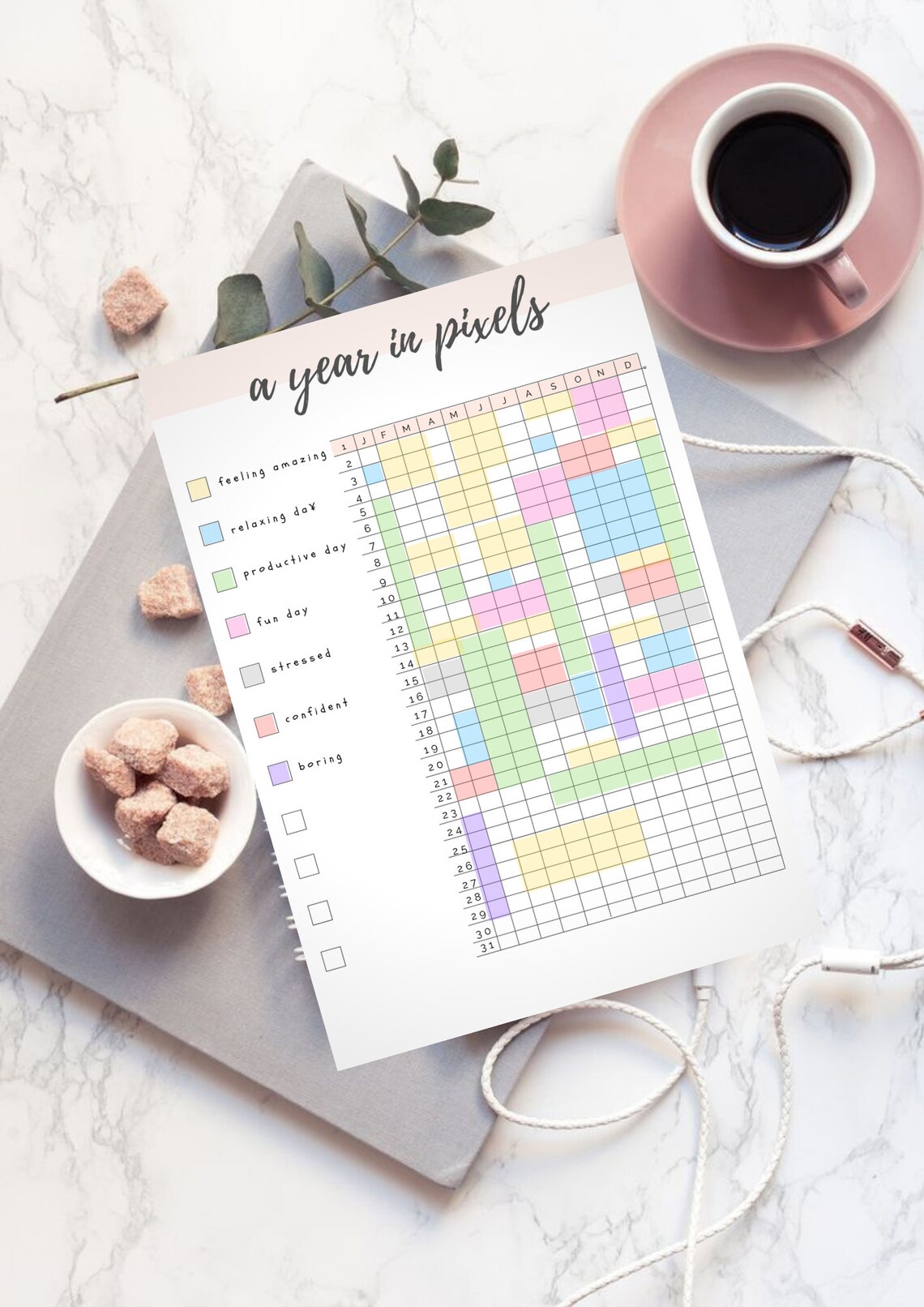 A Year in Pixels Printable, Mood Tracker, Bullet Journal Printable ...