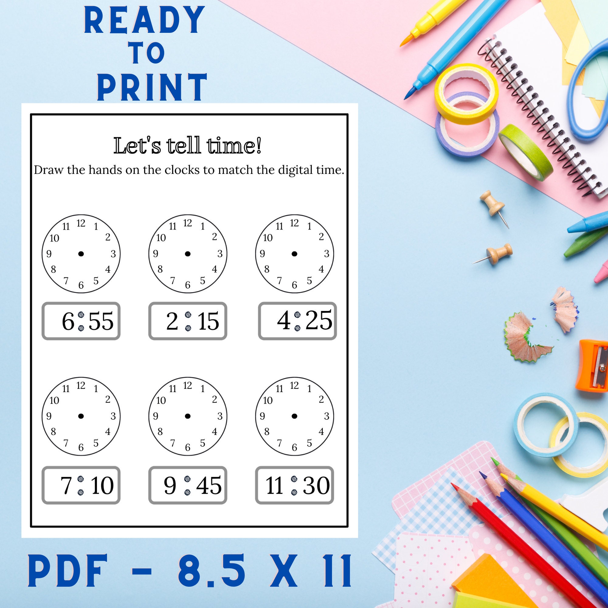 Let's Tell Time, Reading a Clock, Drawing Hands on a Clock, PDF ...