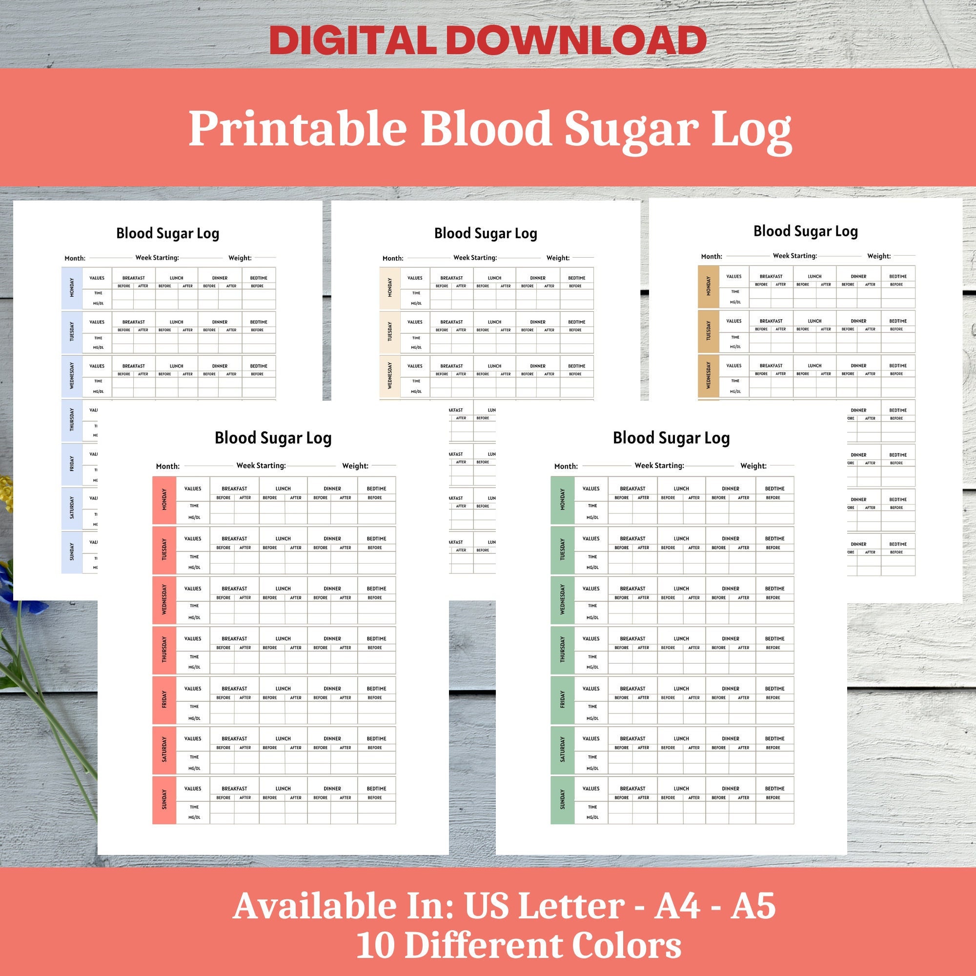 Blood Sugar Log, 4-time A Day Printable Glucose Tracker for Diabetics ...