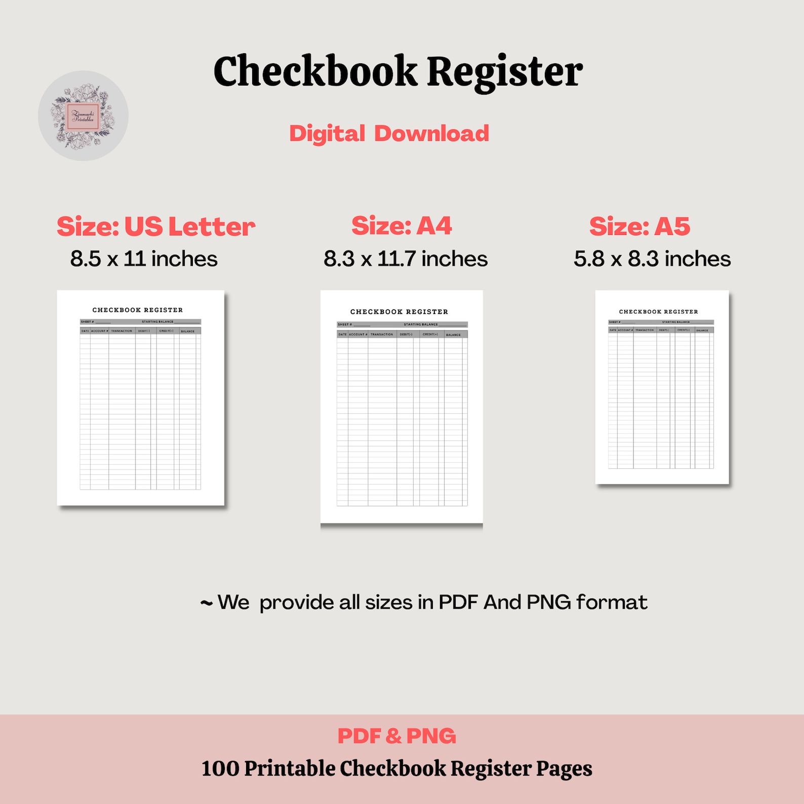 Printable Checkbook Register Pages, Transaction Register Log, Spending ...