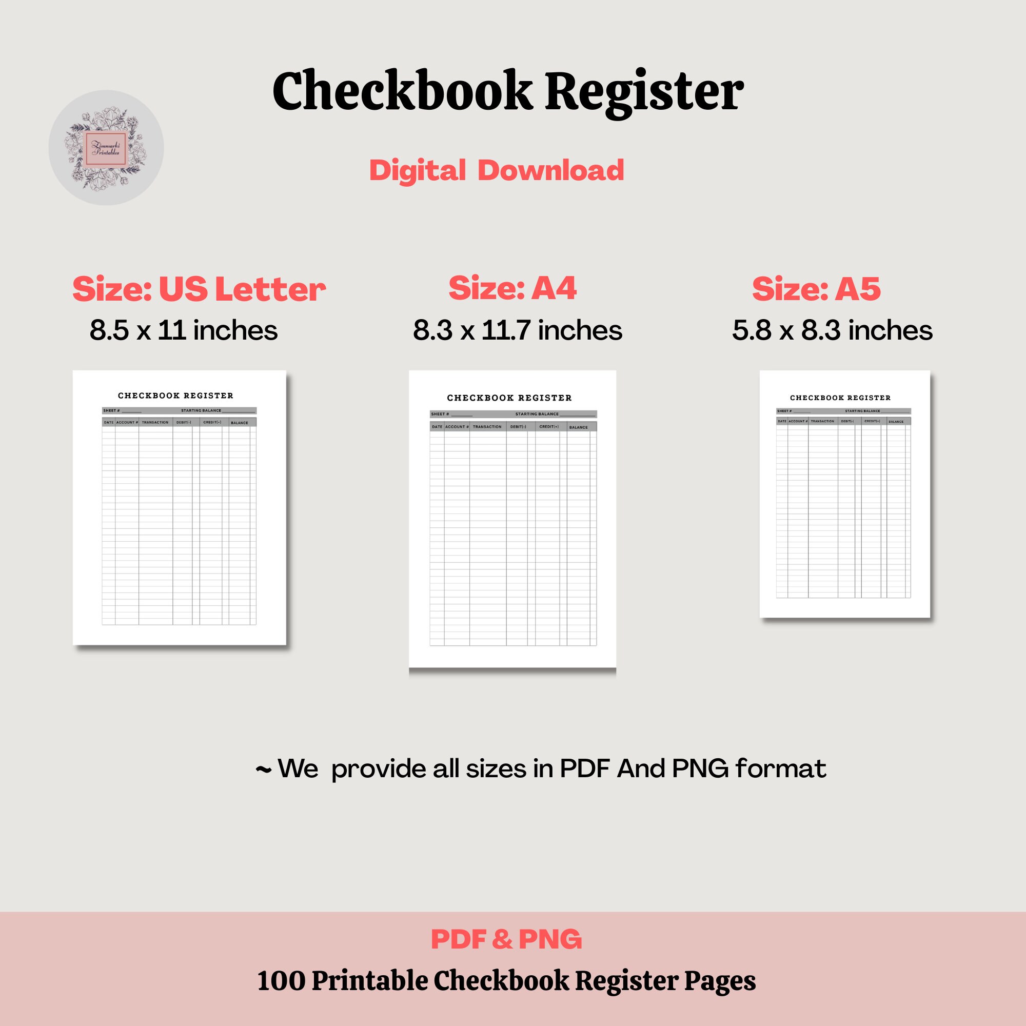 Printable Checkbook Register Pages, Transaction Register Log, Spending ...