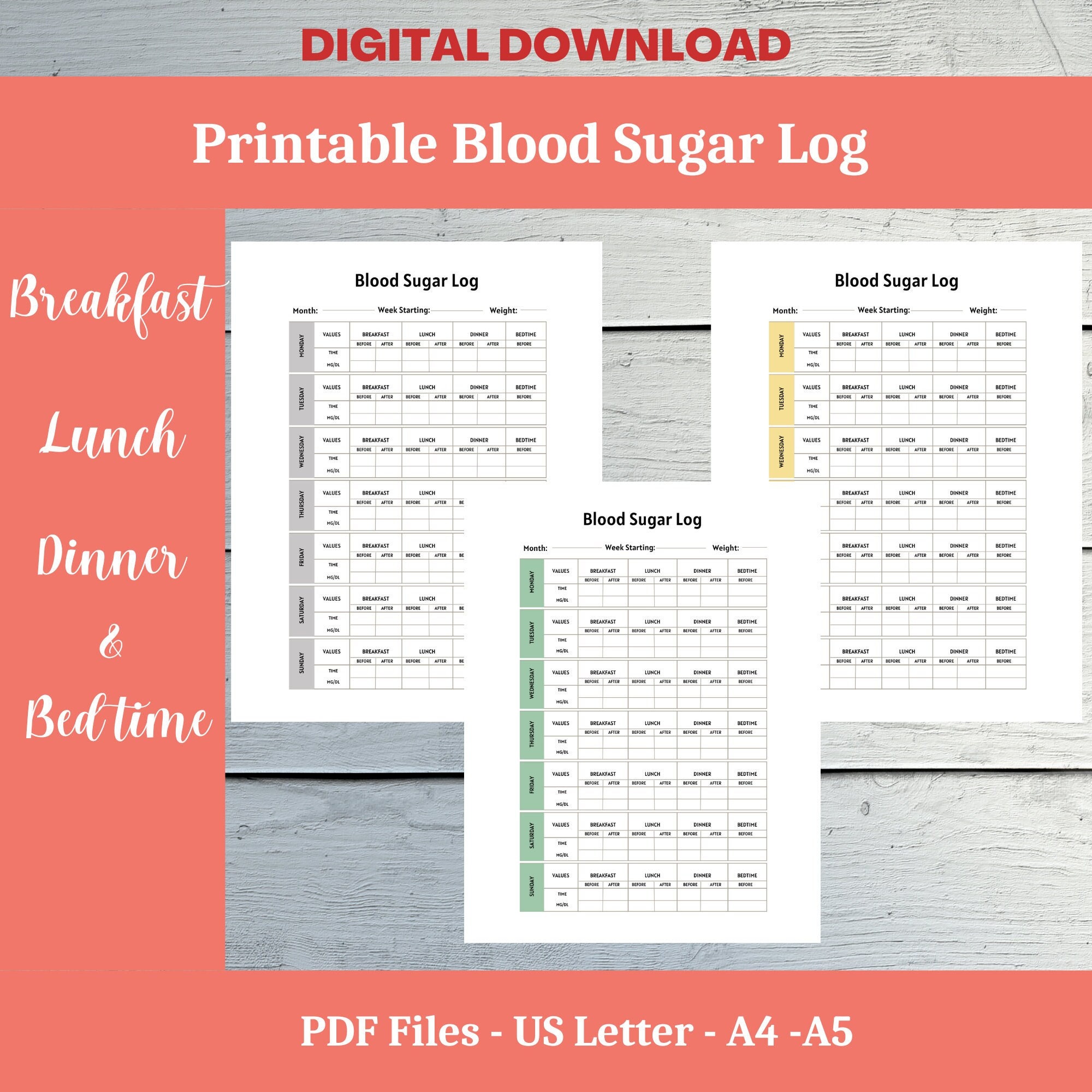 Blood Sugar Log, 4-time A Day Printable Glucose Tracker for Diabetics ...