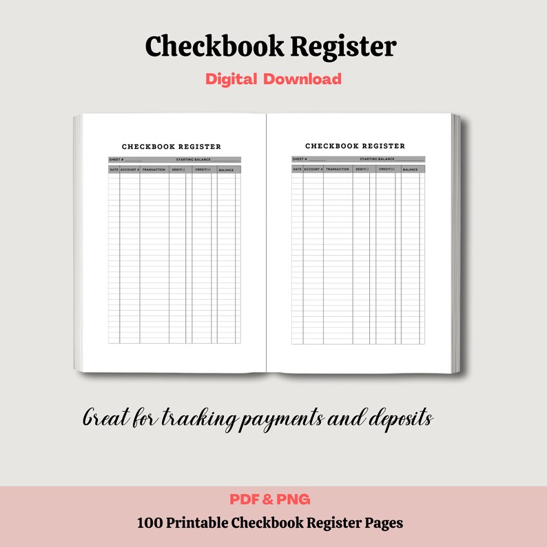 Printable Checkbook Register Pages, Transaction Register Log, Spending ...