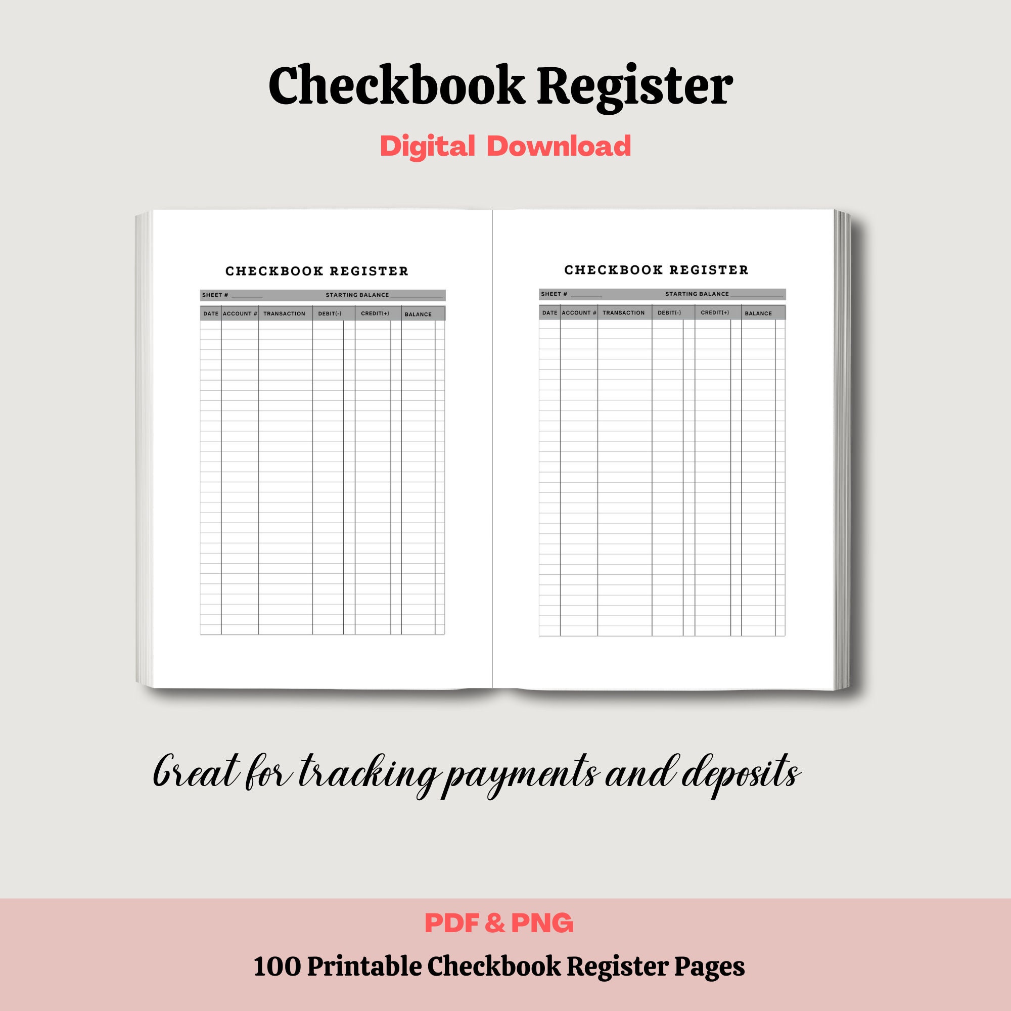 Printable Checkbook Register Pages, Transaction Register Log, Spending ...