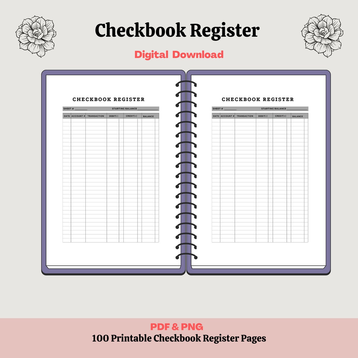 Printable Checkbook Register Pages, Transaction Register Log, Spending ...