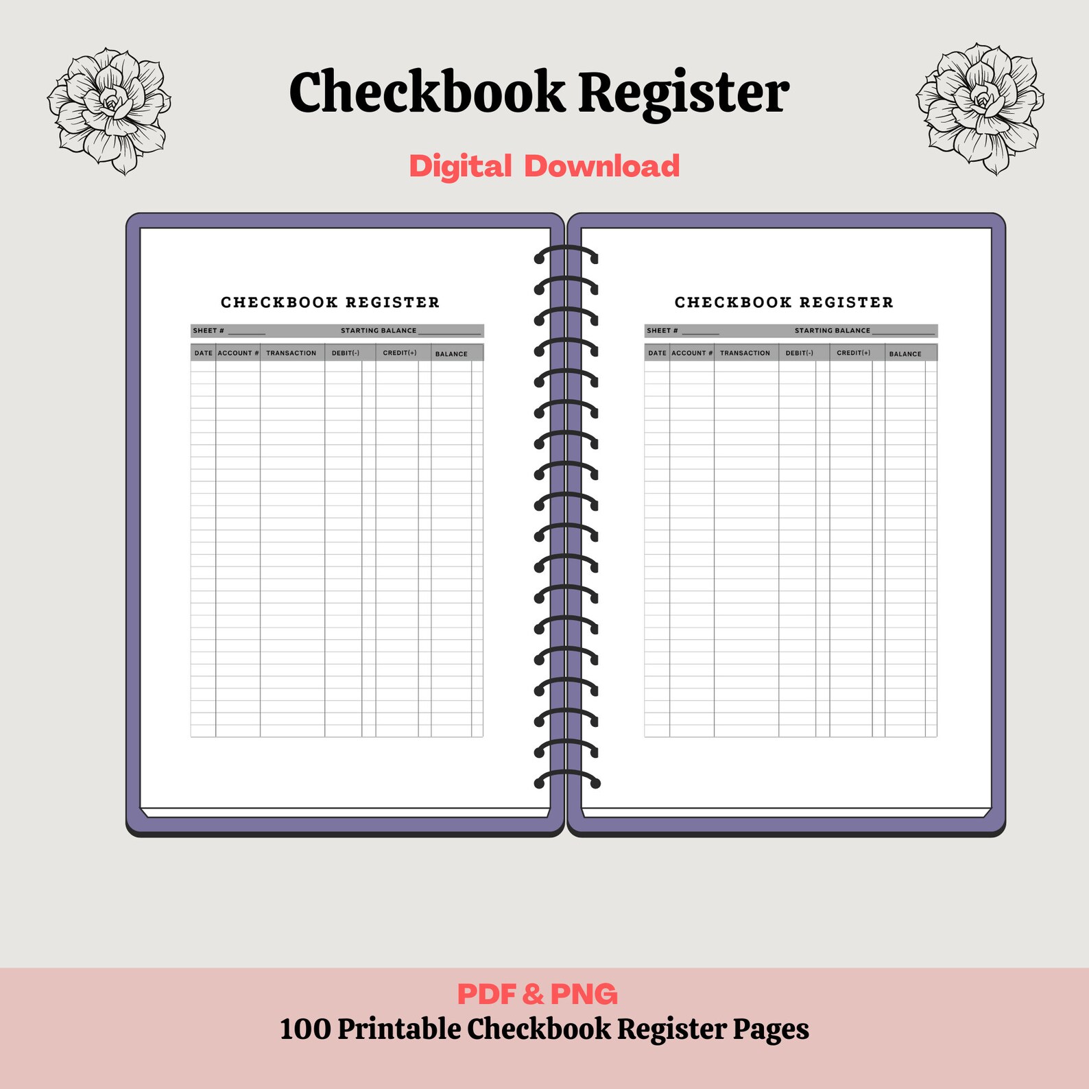 Printable Checkbook Register Pages, Transaction Register Log, Spending ...
