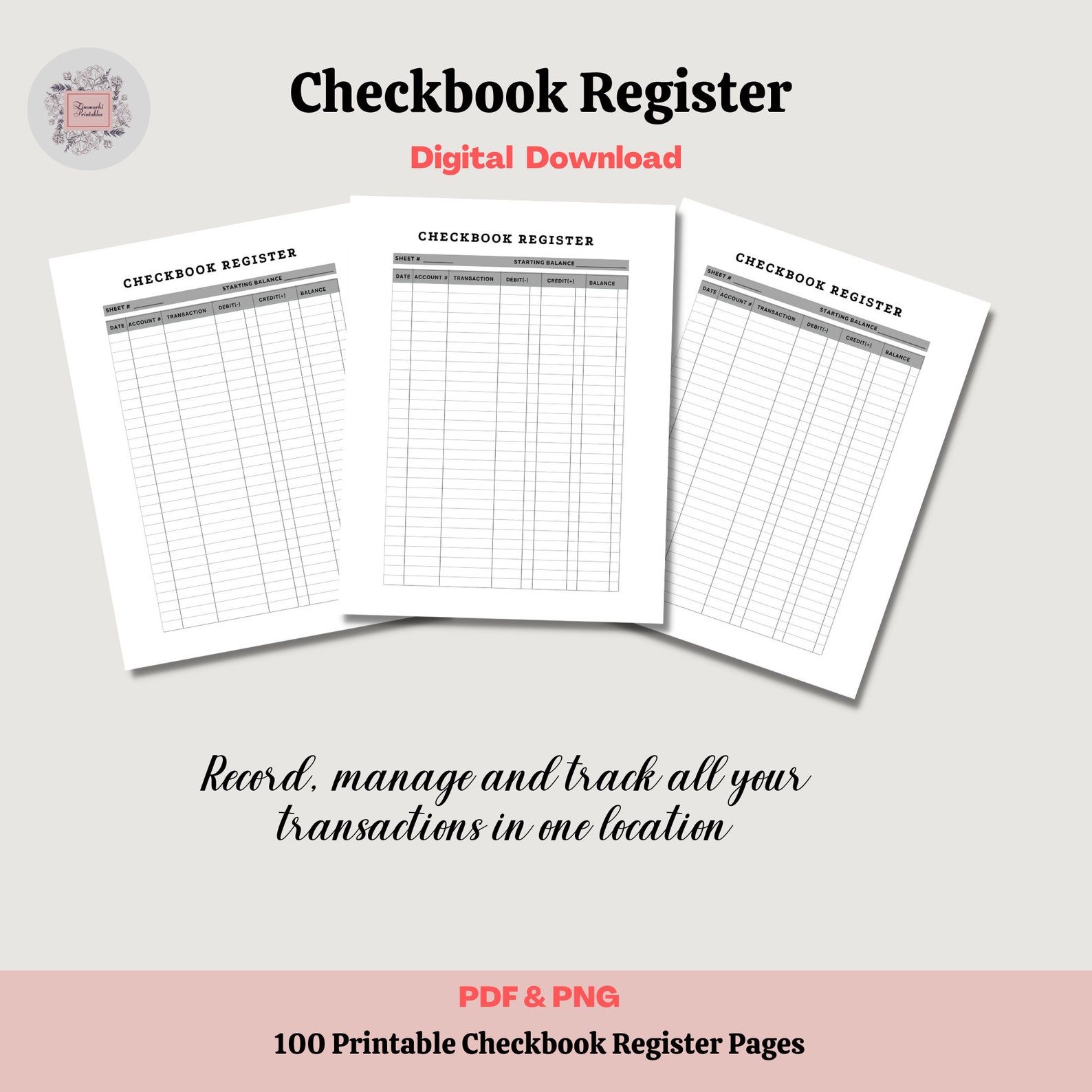 Printable Checkbook Register Pages, Transaction Register Log, Spending ...