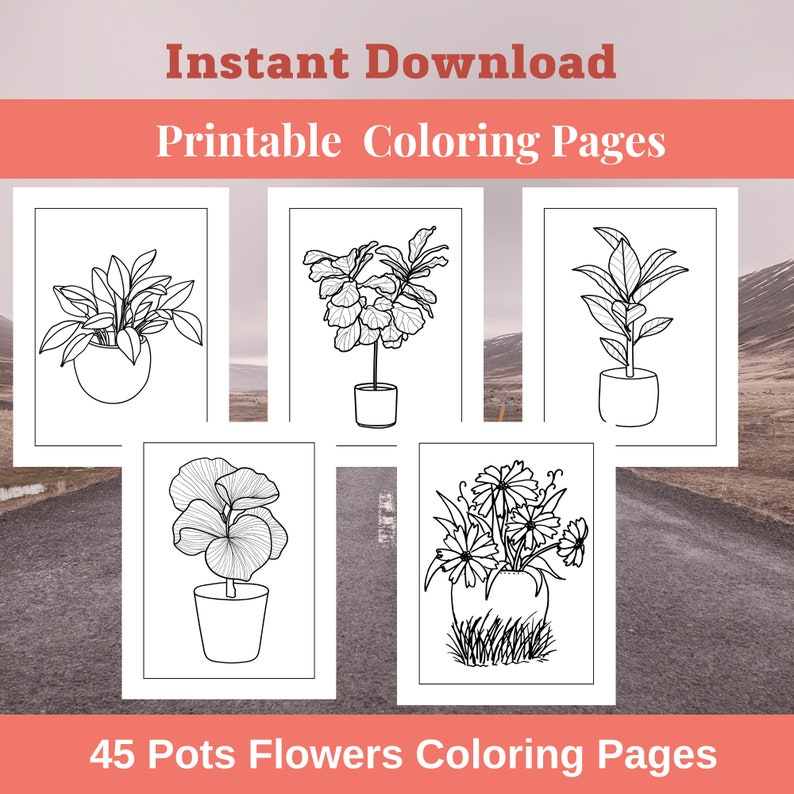 Adult Coloring Pages, Printable Indoor Plants in Pot, Flowering Plant ...