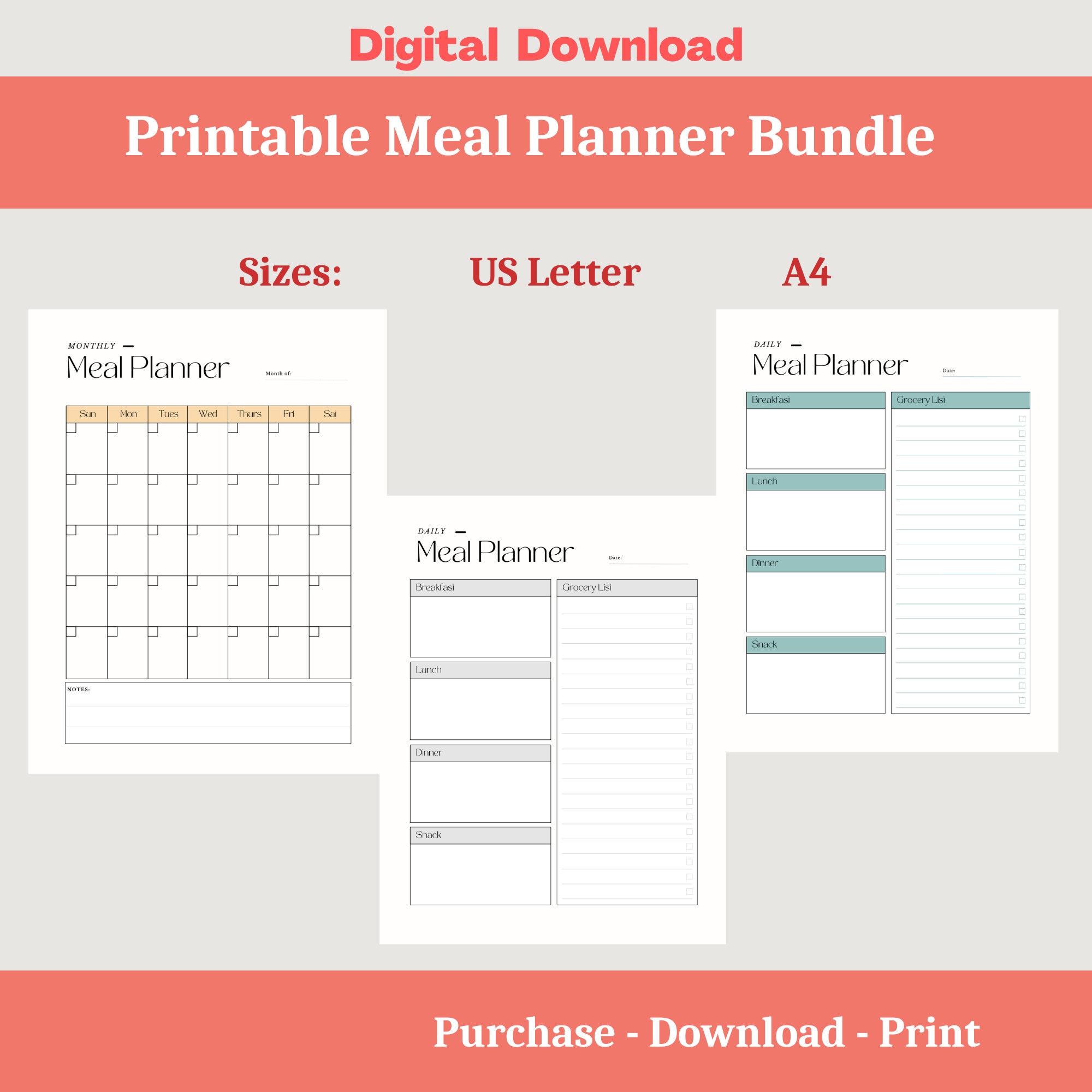 Meal Planner Printable, Monthly Meal Plan, Weekly Meal Planner, Daily ...