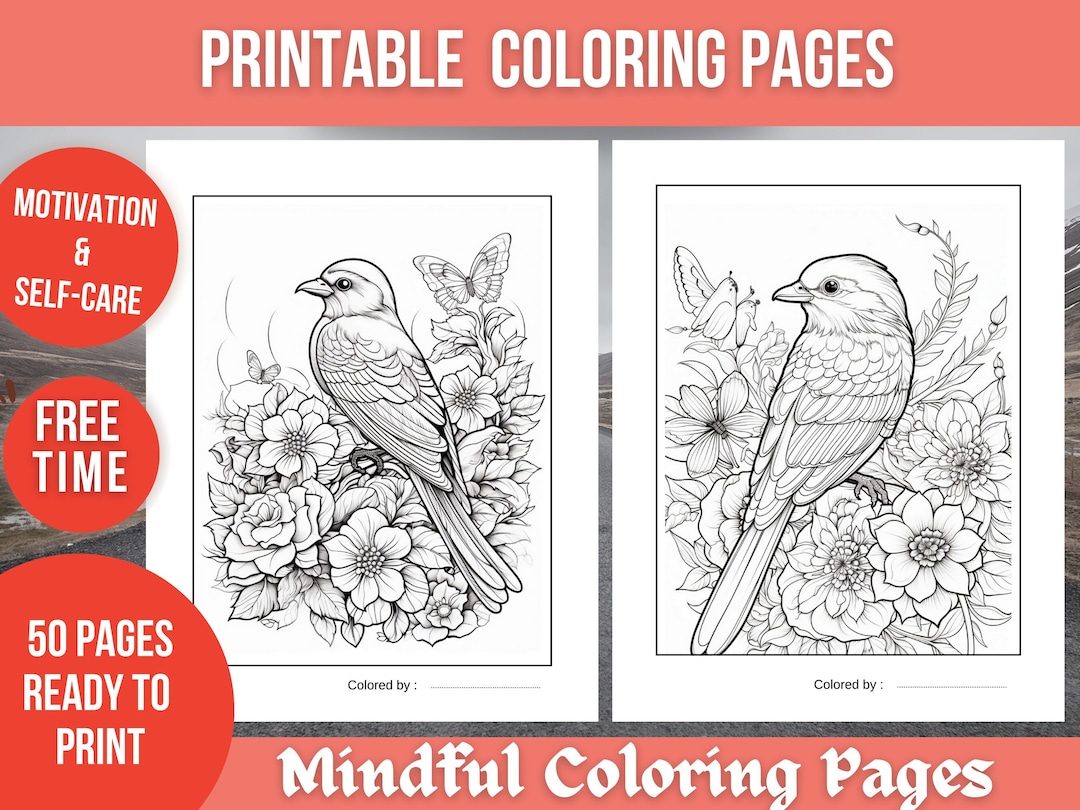 Stress Relief Adult Coloring Book, Bird & Flowers Coloring Pages ...