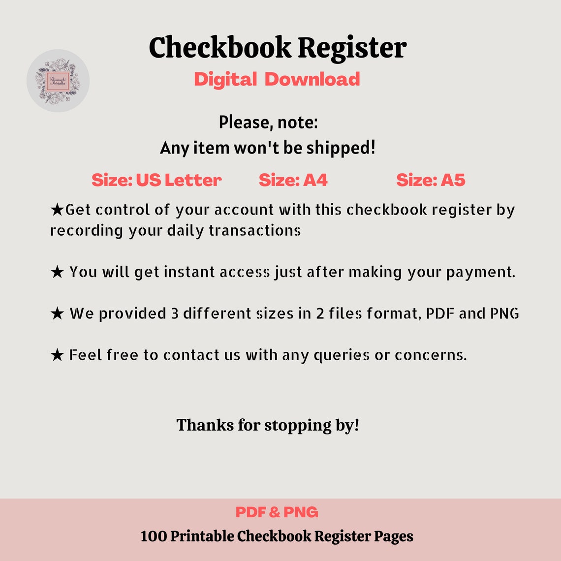 Printable Checkbook Register Pages, Transaction Register Log, Spending ...