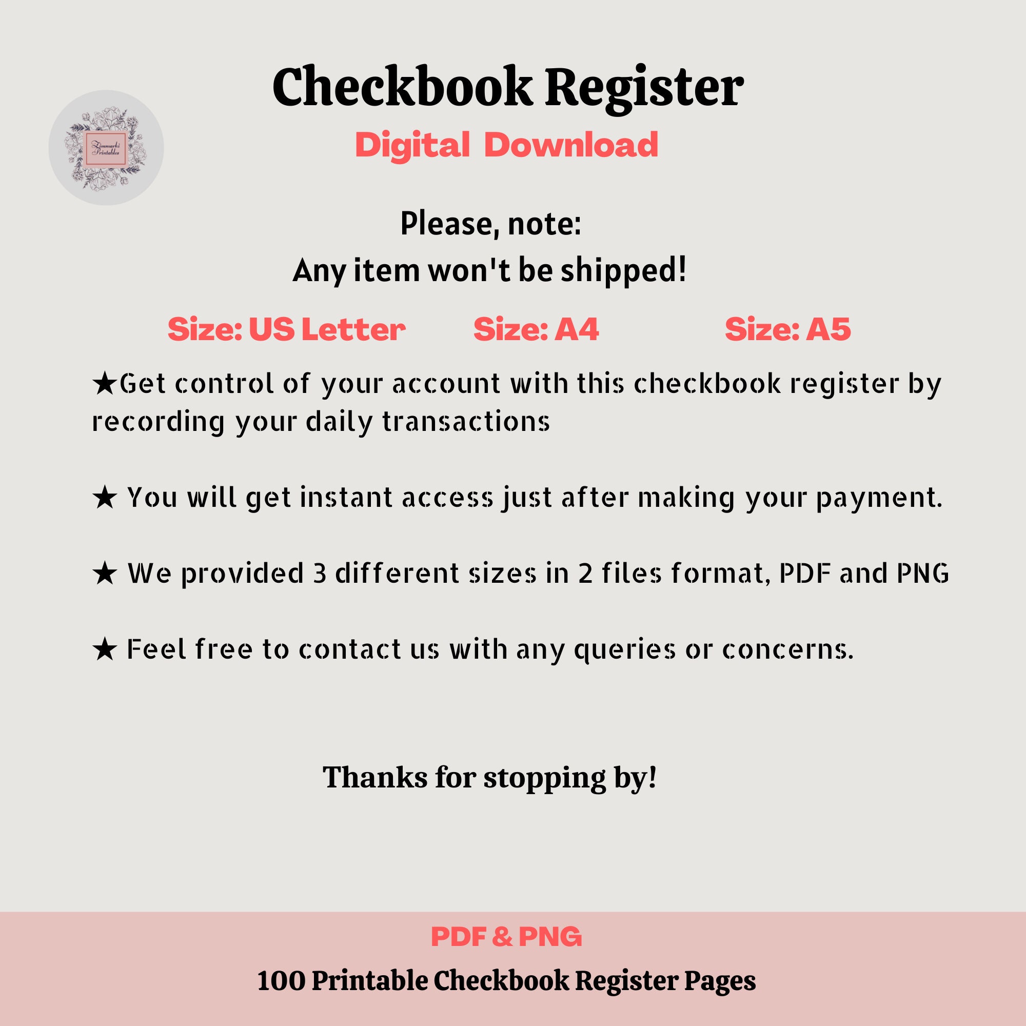 Printable Checkbook Register Pages, Transaction Register Log, Spending ...
