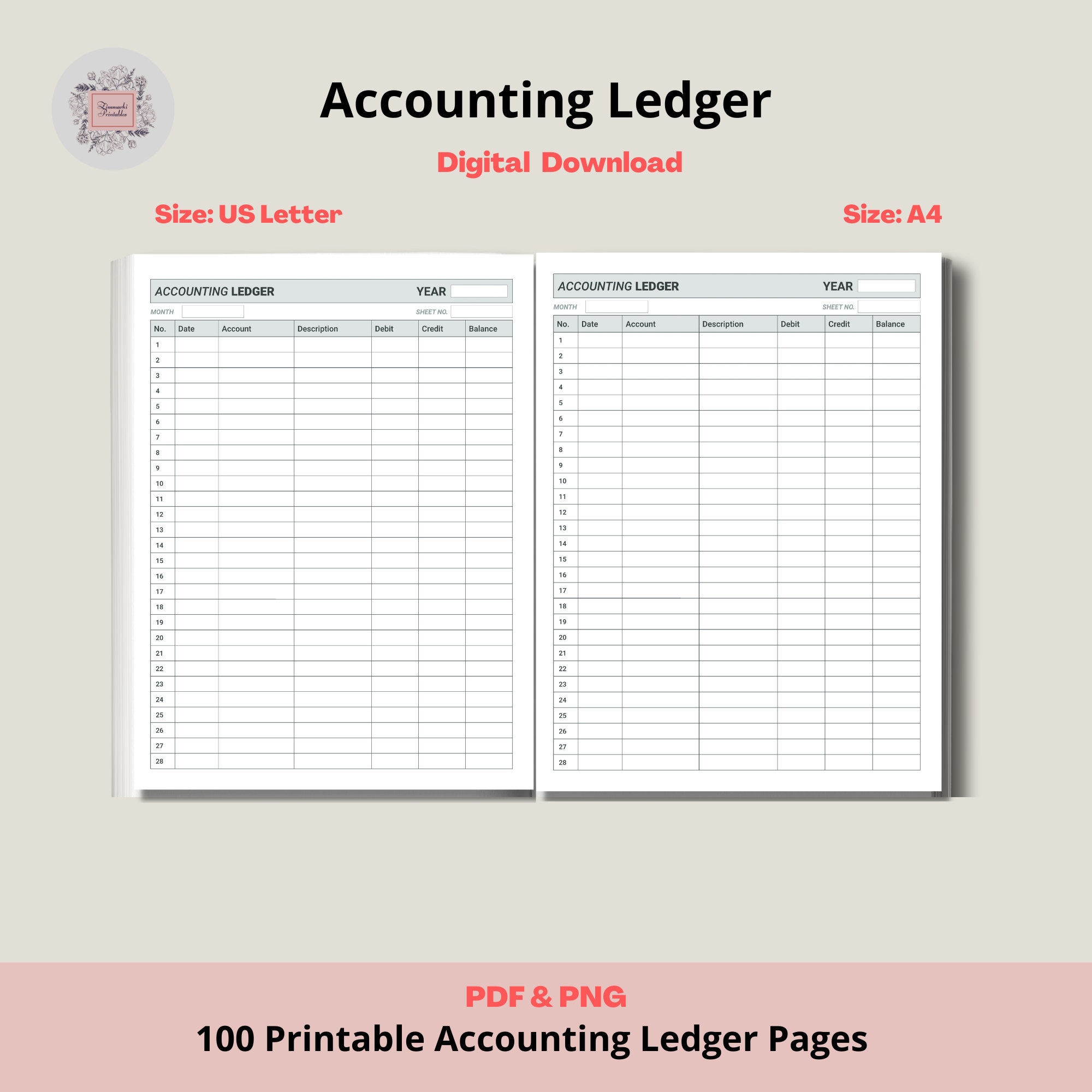 Printable Accounting Ledger Pages, Small Business Bookkeeping (PDF ...