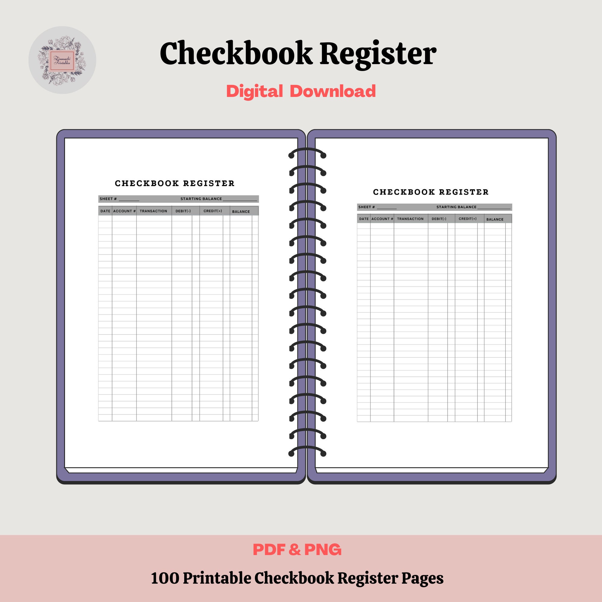 Printable Checkbook Register Pages, Transaction Register Log, Spending ...