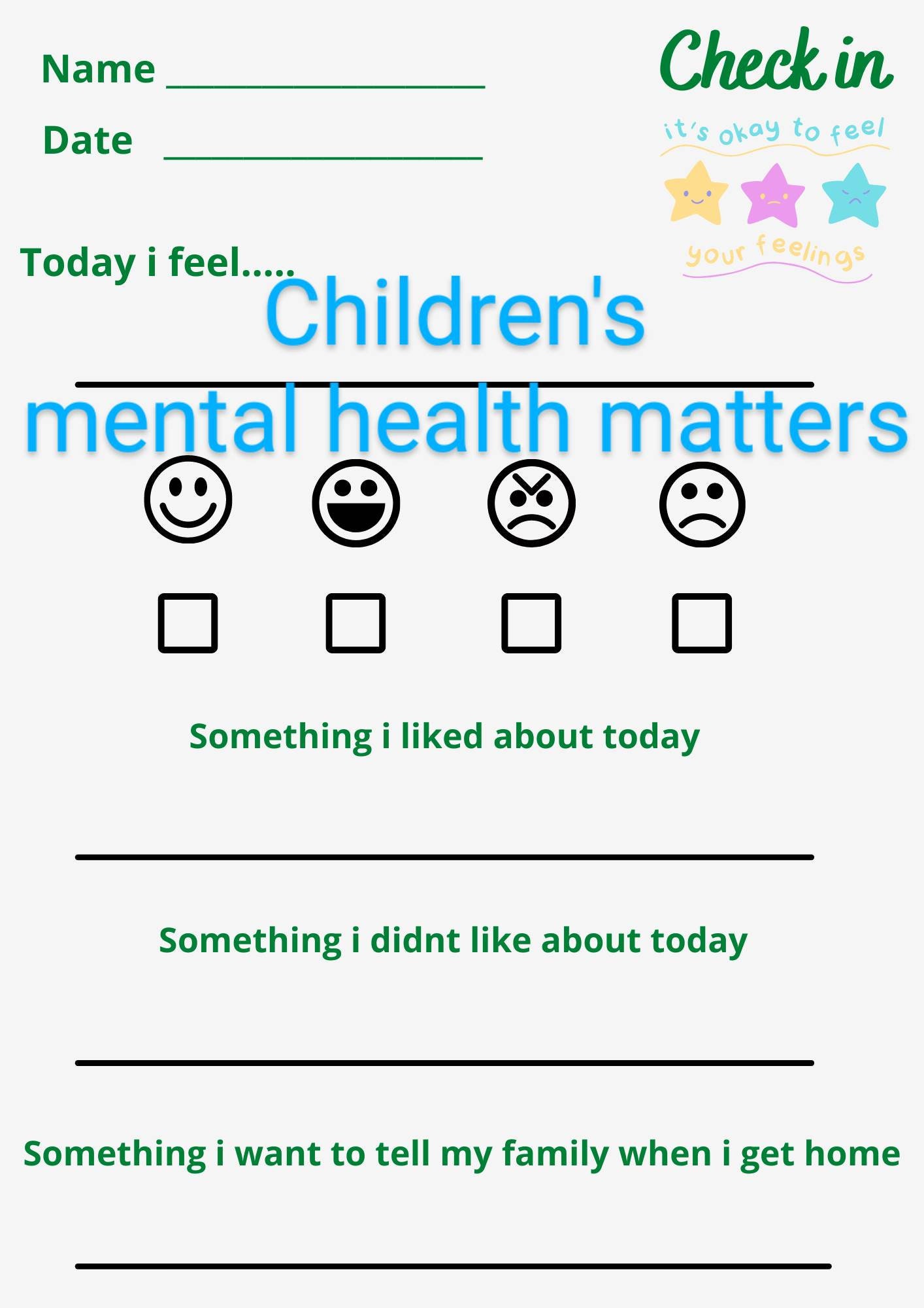 Childrens Mental Health Check in Worksheet Emotions Feelings Mental ...