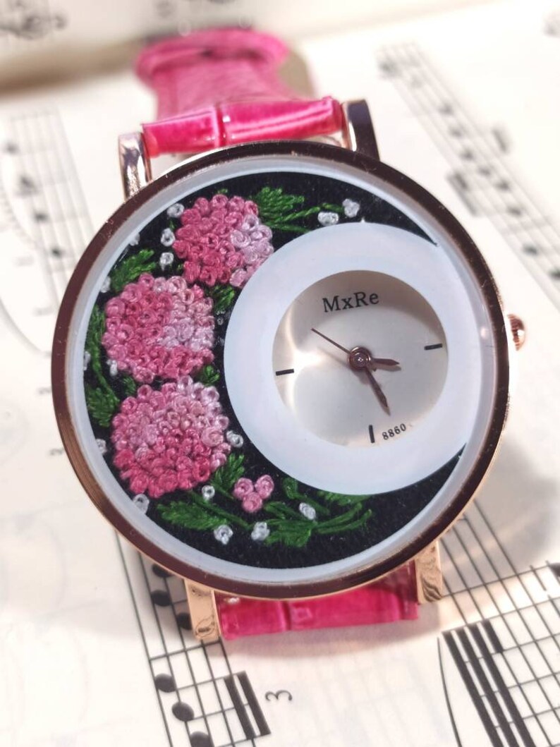 Handmade Embroidered Watch With Hydrangea or Roses - Vintage Style ...
