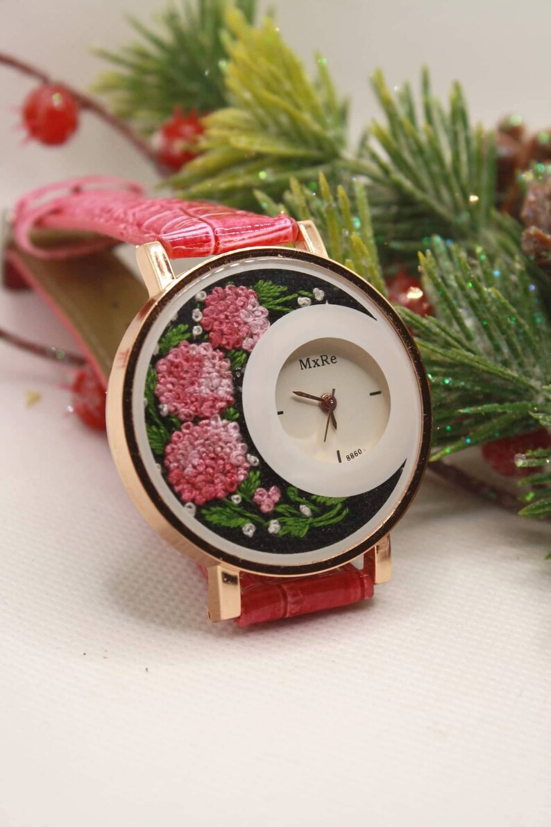 Handmade Embroidered Watch With Hydrangea or Roses - Vintage Style ...