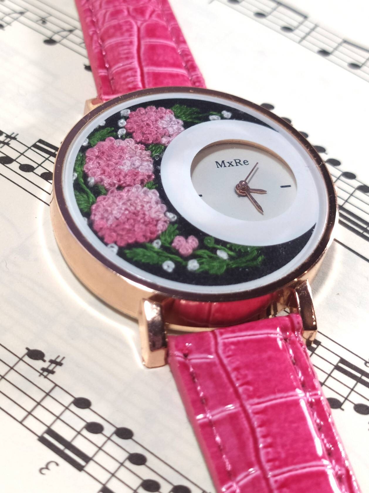 Handmade Embroidered Watch With Hydrangea or Roses - Vintage Style ...