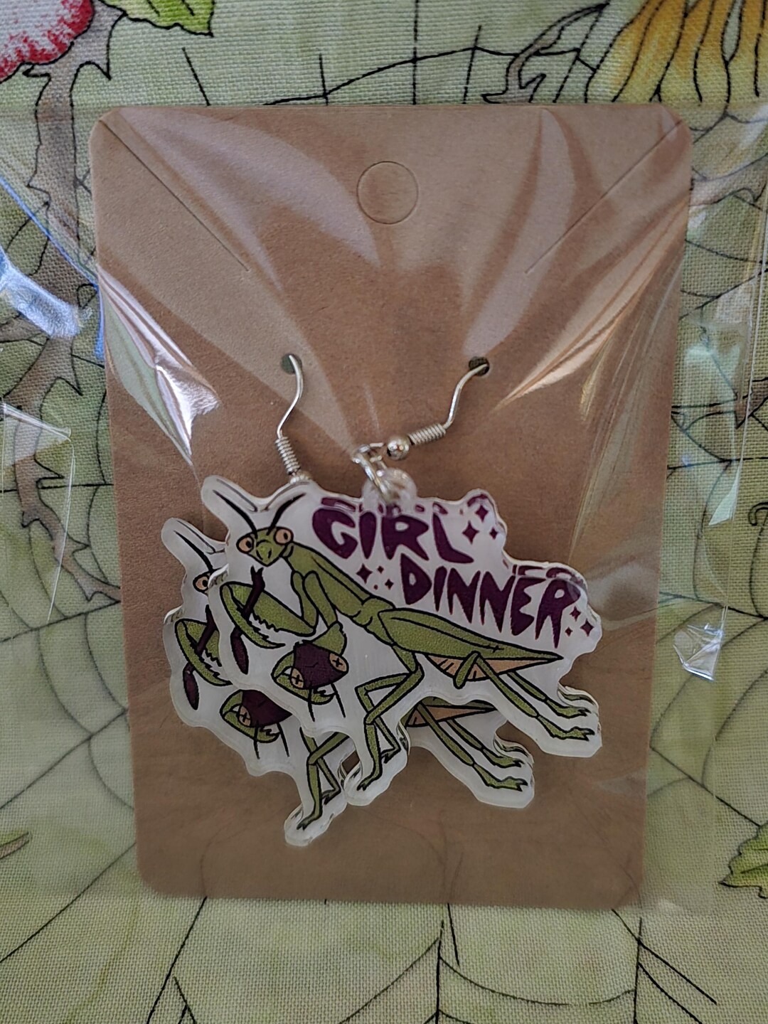 Praying Mantis Girl Dinner Eating Male Head Acrylic Earrings Silver ...