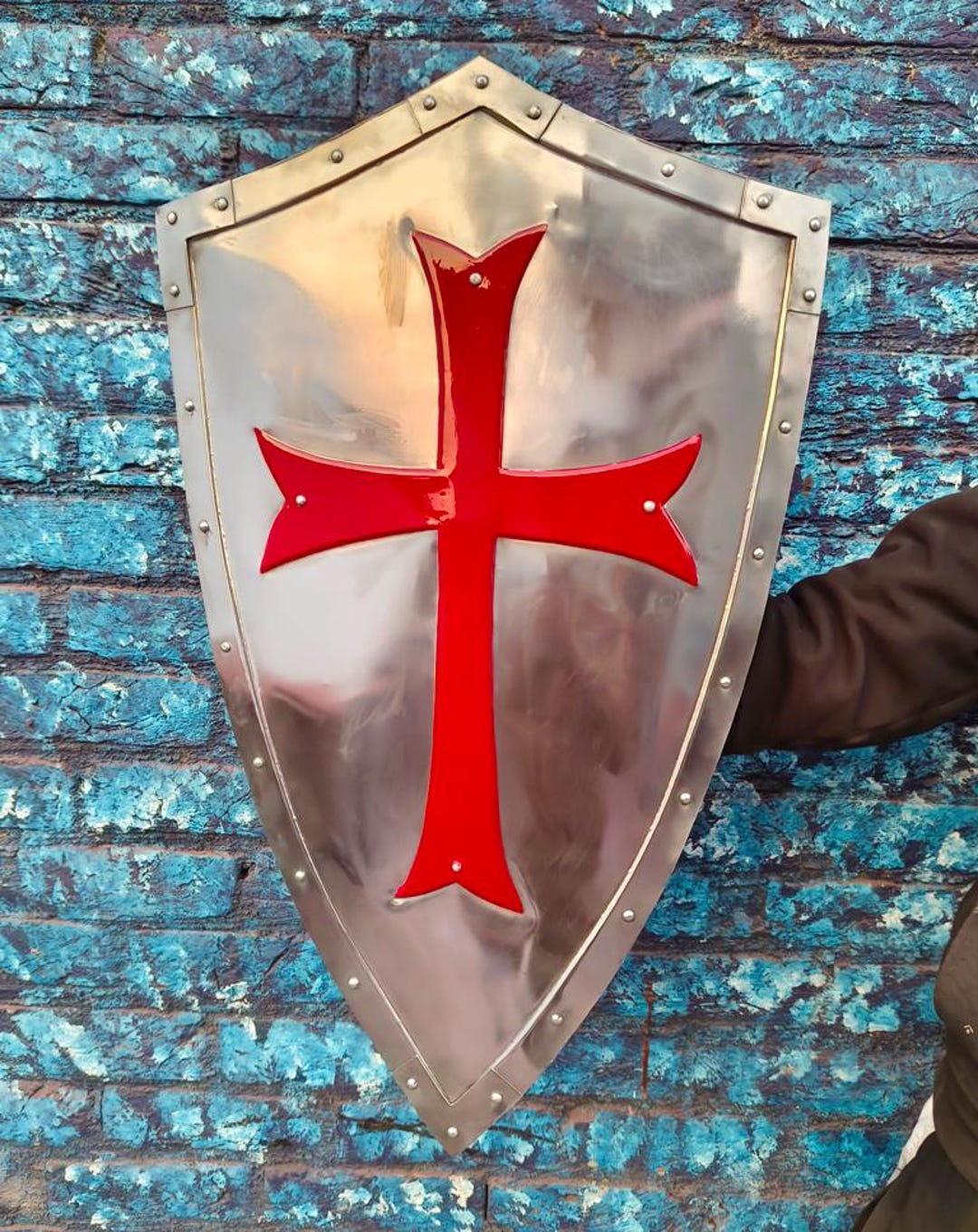 Handmade Medieval Crusader Shield – 18g Steel Knight Templar Red Cross ...