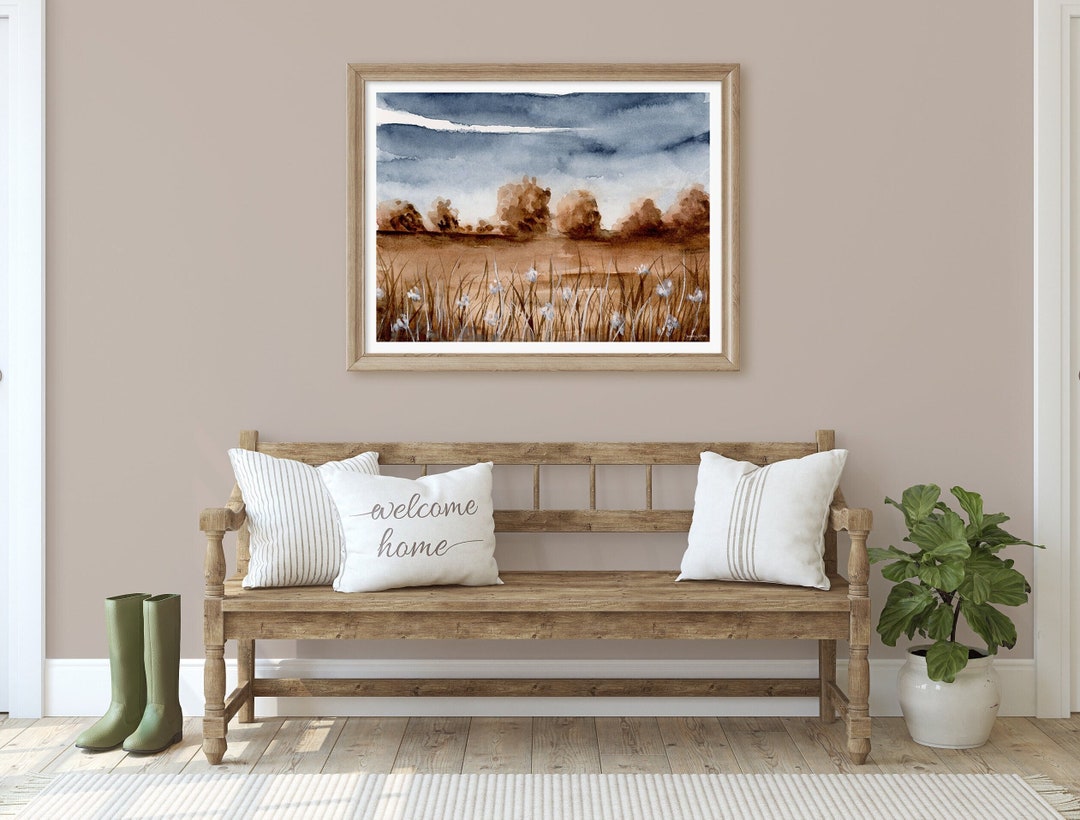 Fall Meadow Print, Brown and Blue Wall Art, Watercolor Landscape ...