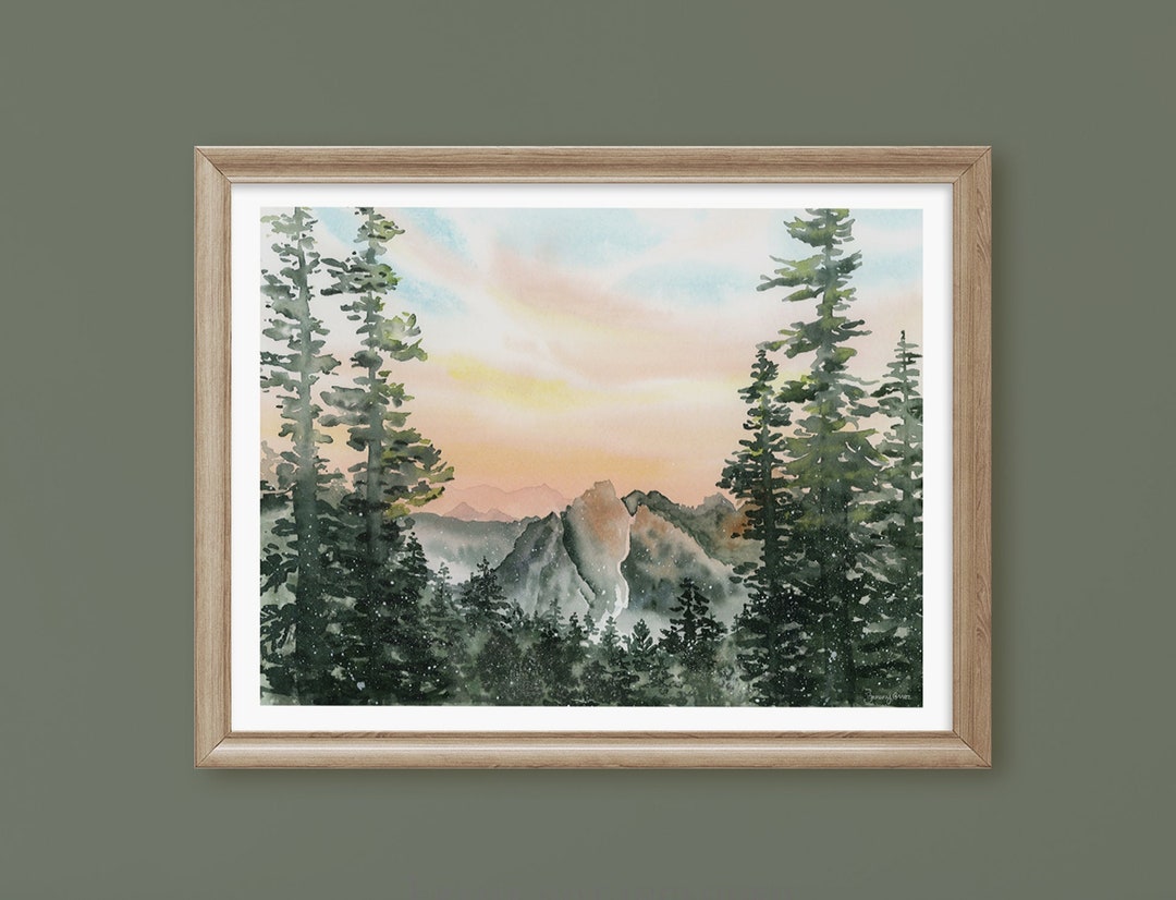 Forest Print, Mountain Landscape, Evergreen Tree Wall Art, Watercolor ...