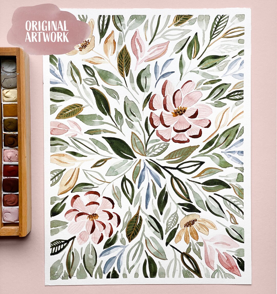 ORIGINAL Green Floral Sunburst Painting, Botanical Wall Art, Sage Green ...