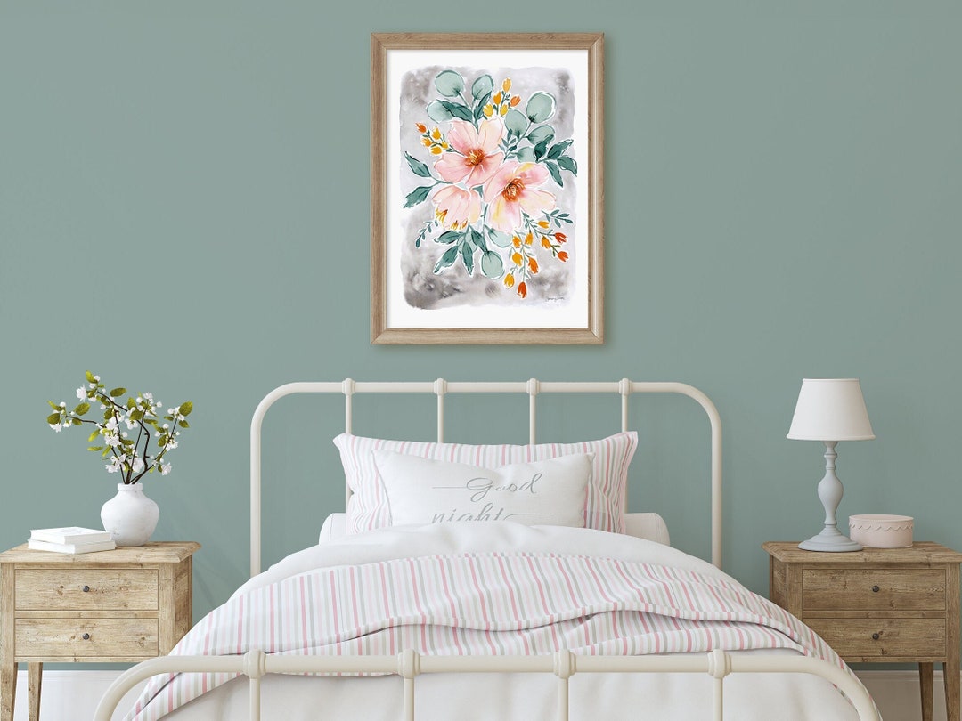 Primrose Print, Flower Wall Art, Pink and Grey Wall Decor, Watercolor ...