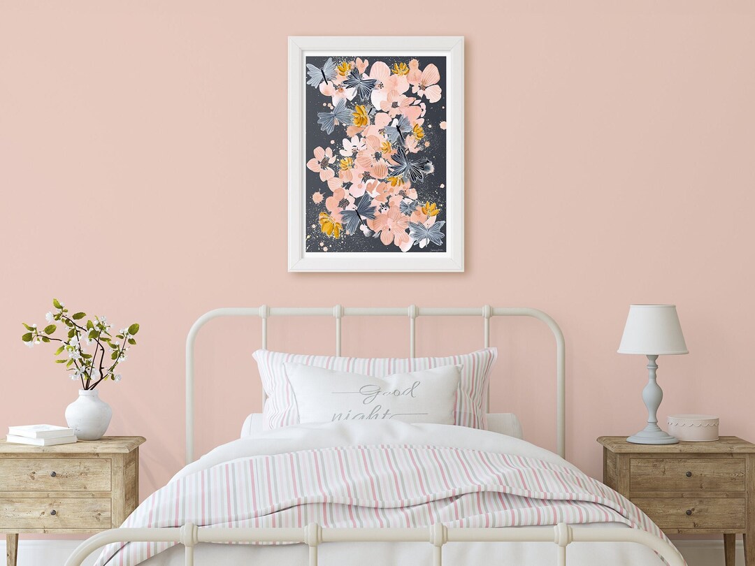 Pink Butterfly Floral Print, Flower Wall Art, Boho Wall Decor, Blush ...