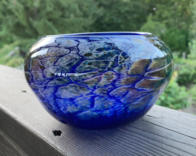 MOLLY BARNES Signed Hand-blown Glass Bowl Vase—cobalt Blue Dichotic ...