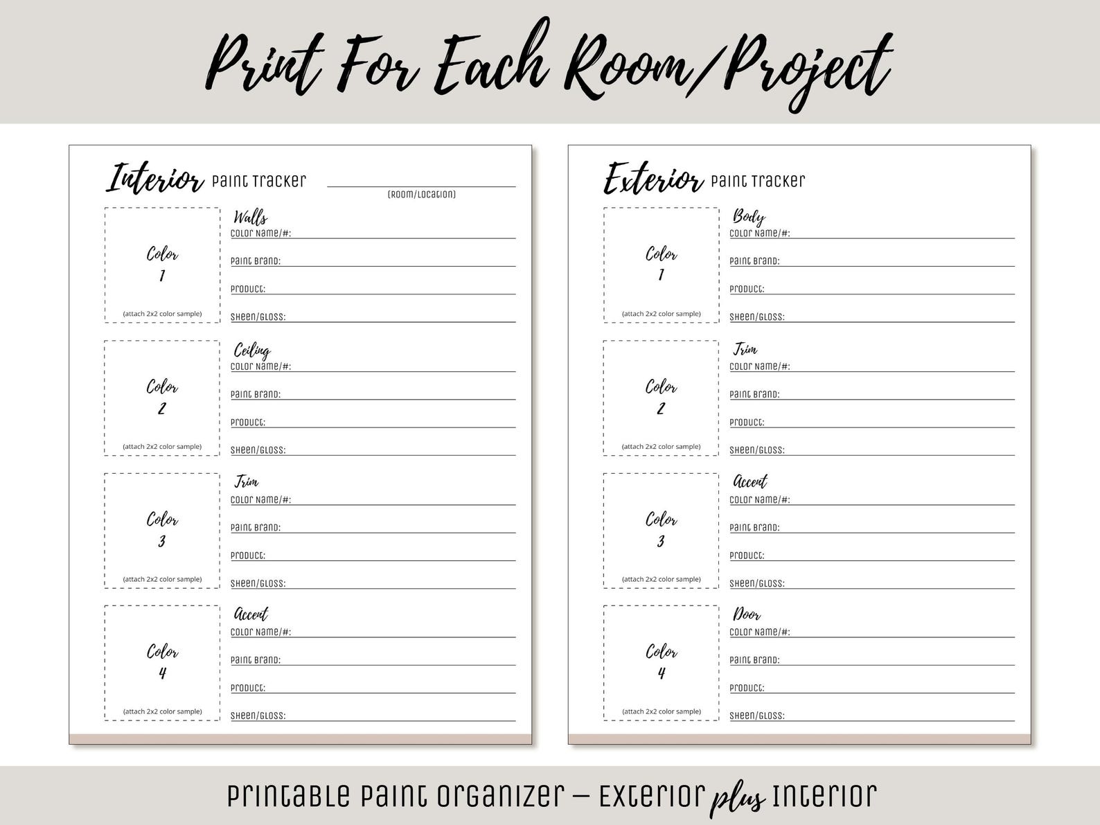 Printable Color Palette Organizer Paint Swatch Tracker Home Improvement ...