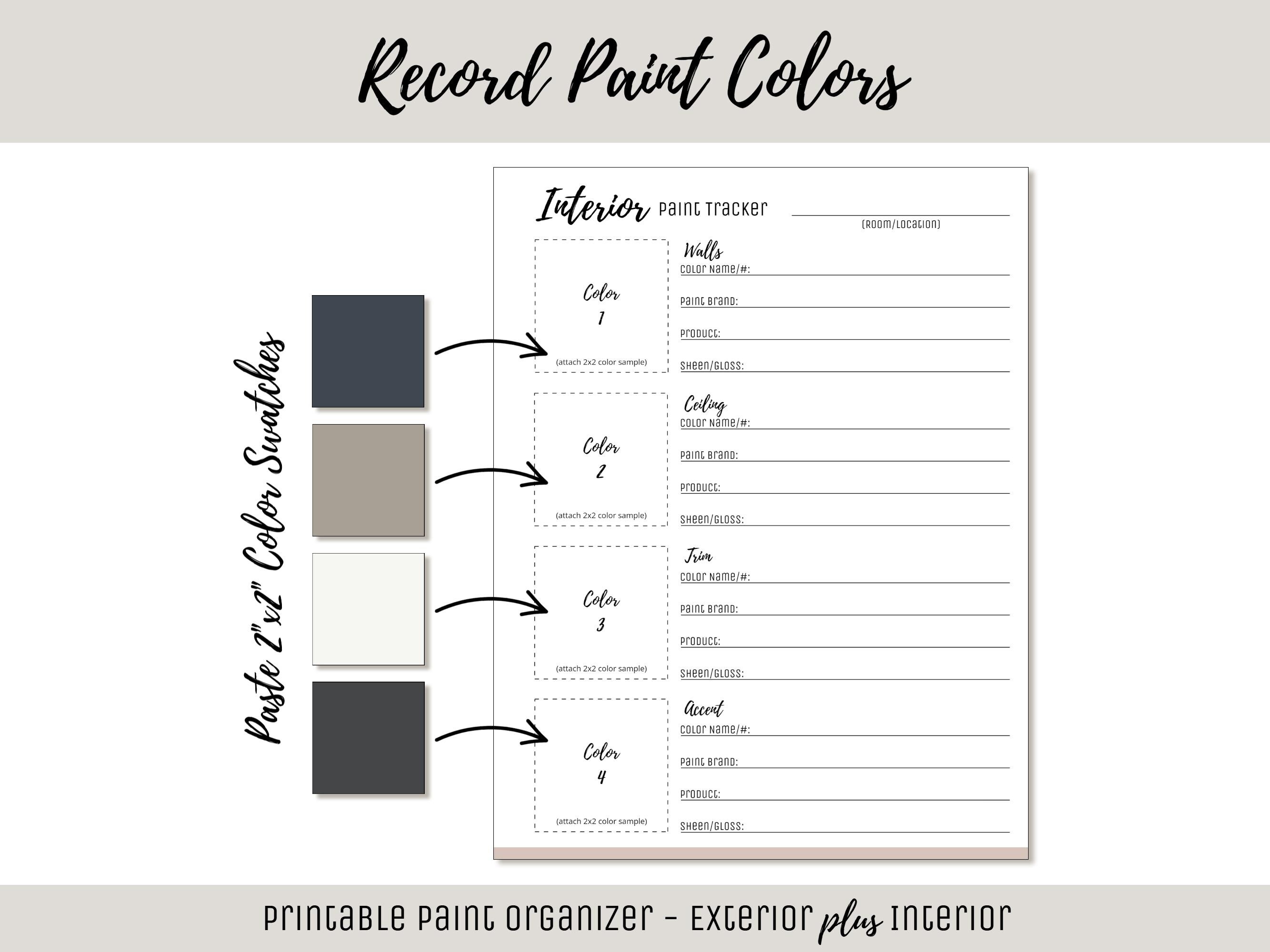 Printable Color Palette Organizer Paint Swatch Tracker Home Improvement ...