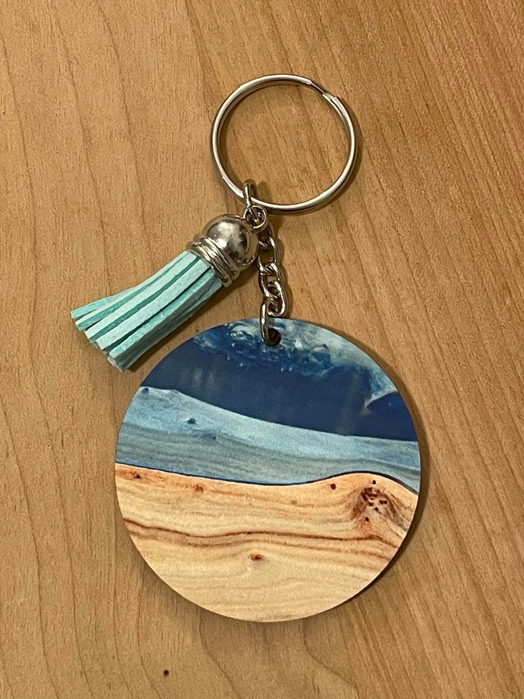 2 Round Sand & Sea Keychain With Tassle, Gift Ideas, Water, Sand, Wood ...
