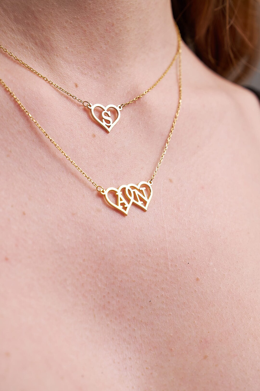 Multiple Initial in Heart Necklace 585/14K Solid Gold, Silver ...