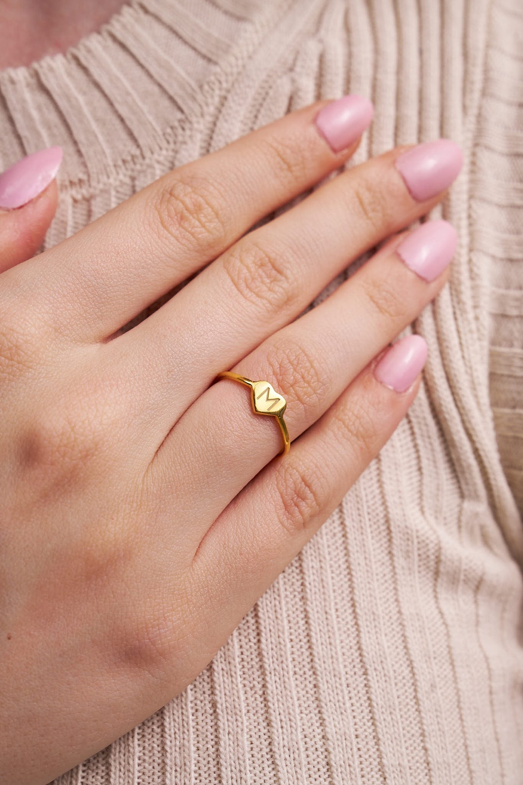 Heart Initial Ring in 14k Solid Gold, Silver, Stacking Ring • Minimalist Engraved Ring •kids ...